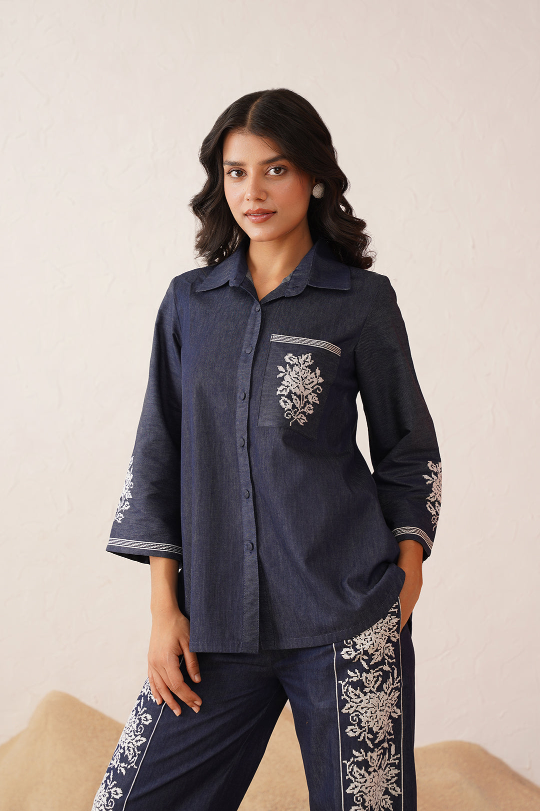 Denim Cross Stitch Co-ord Set – INCHING INDIA