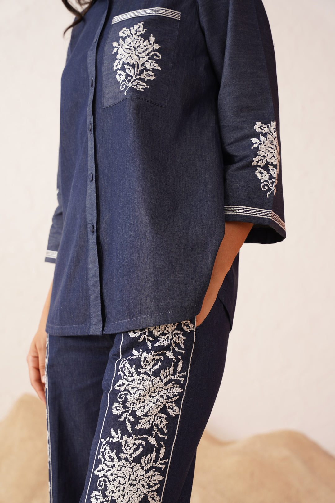 Denim Cross Stitch Co-ord Set – INCHING INDIA