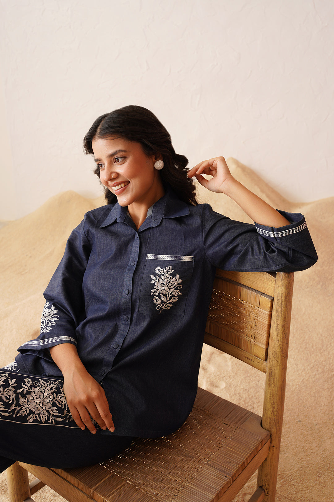 Denim Cross Stitch Co-ord Set – INCHING INDIA