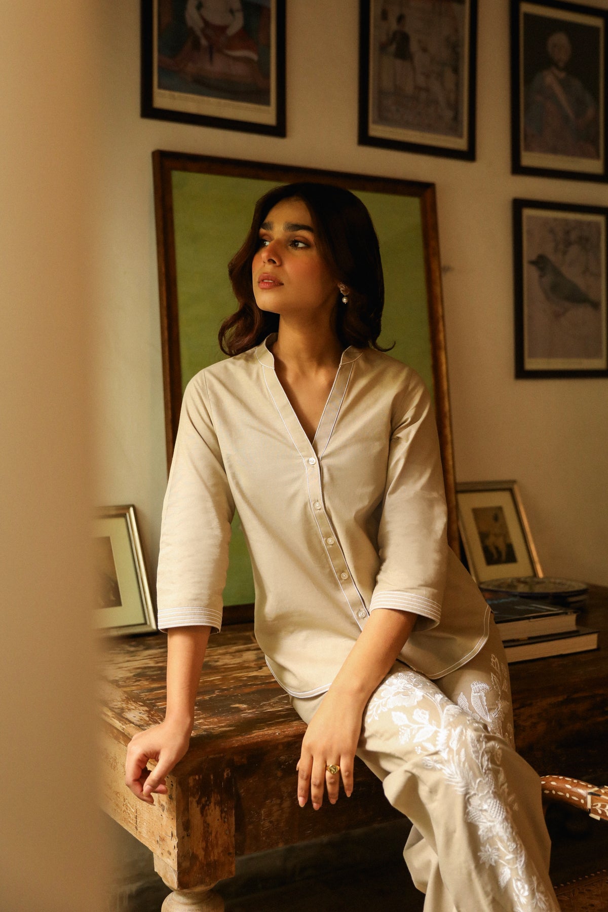 Beige Linen Floral Embroidered Set – INCHING INDIA